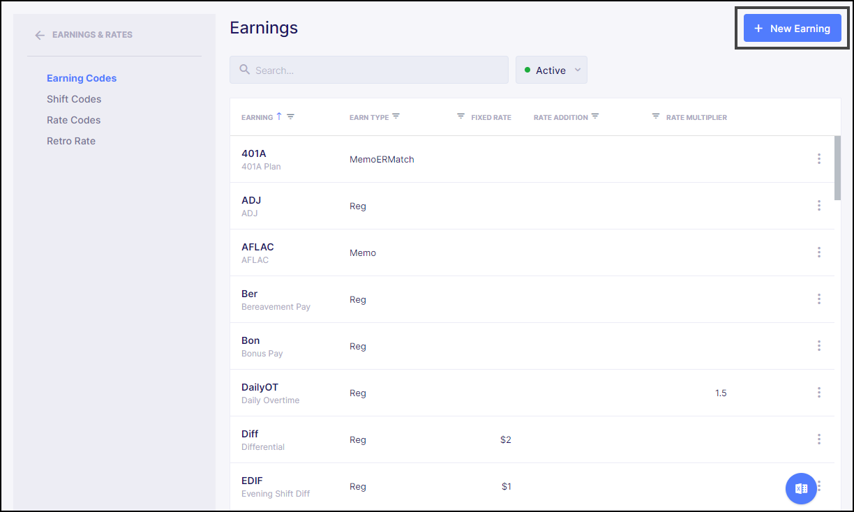 Company Earning Code Setup